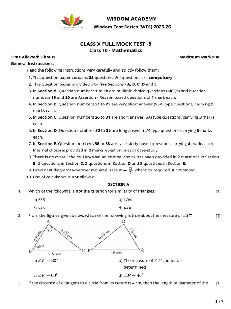 Class 10 Math Mock Test 5 - WTS 2025-26 | PDF | Area | Circle
