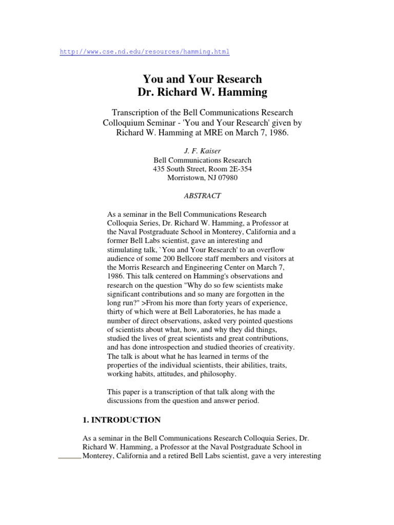 You and Your Research Dr. Richard W. Hamming | PDF | Light | Thought