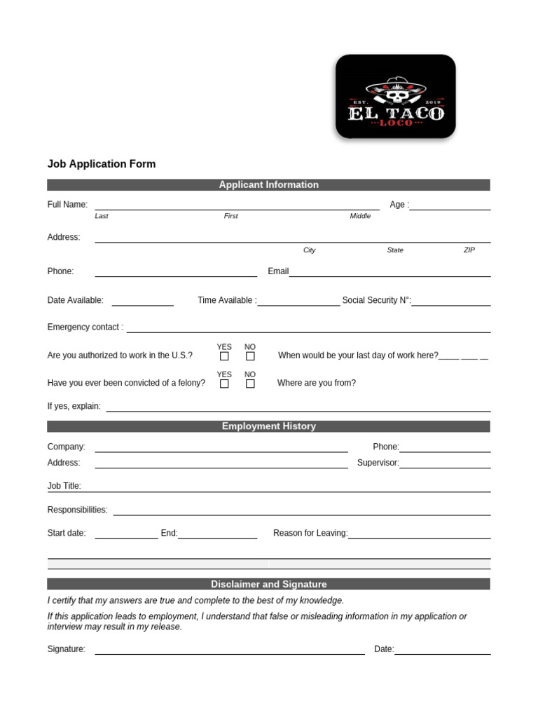 Taco Loco Employment Application | PDF