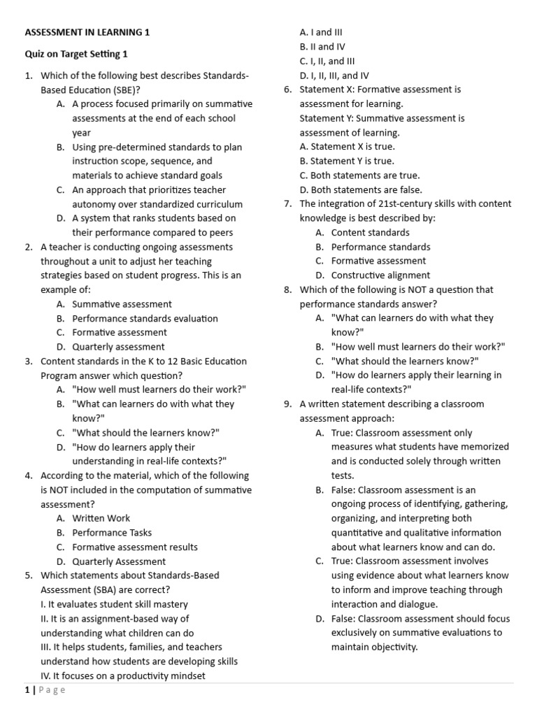 Standards-Based Assessment Quiz | PDF | Educational Assessment | Pedagogy