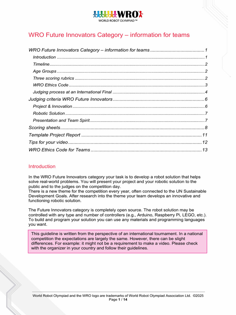 WRO 2026 Future Innovators Information for Teams Coaches | PDF | Robotics