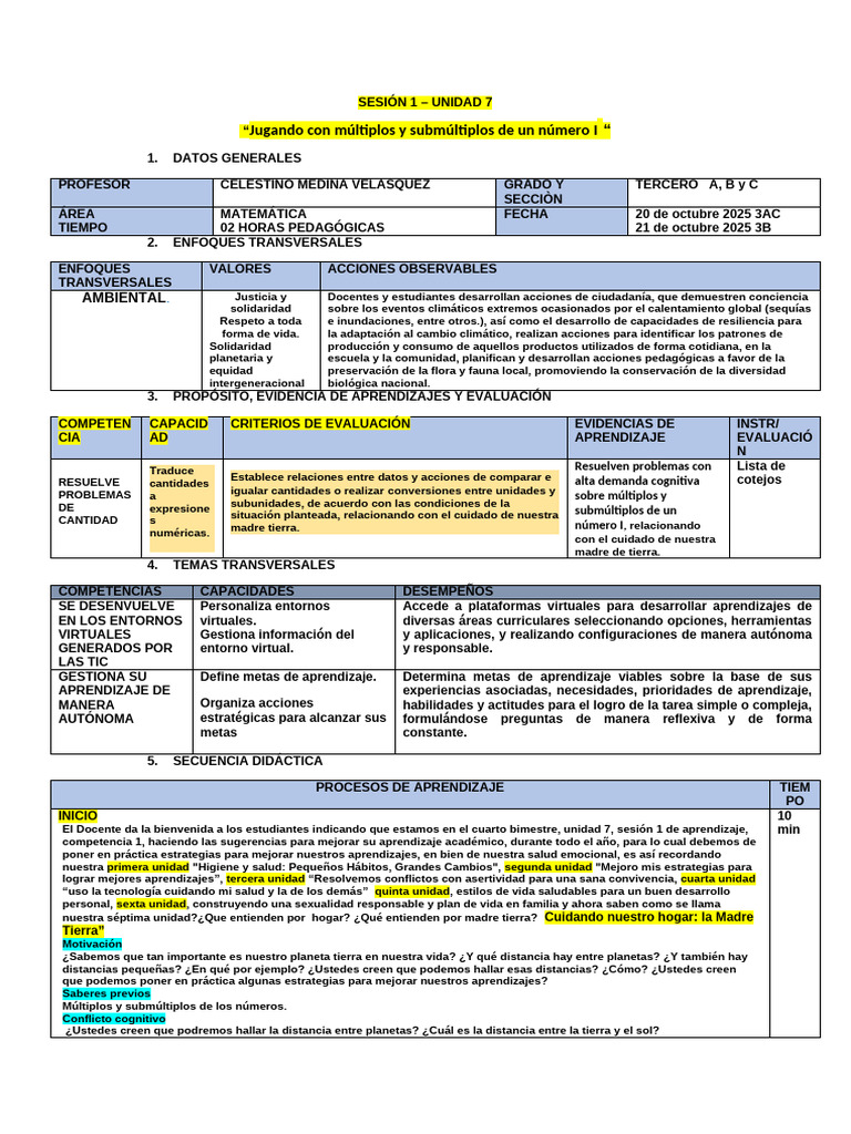 Sesión Nº 1 - Unidad 7-Matemática3 | PDF | Aprendizaje | Maestros
