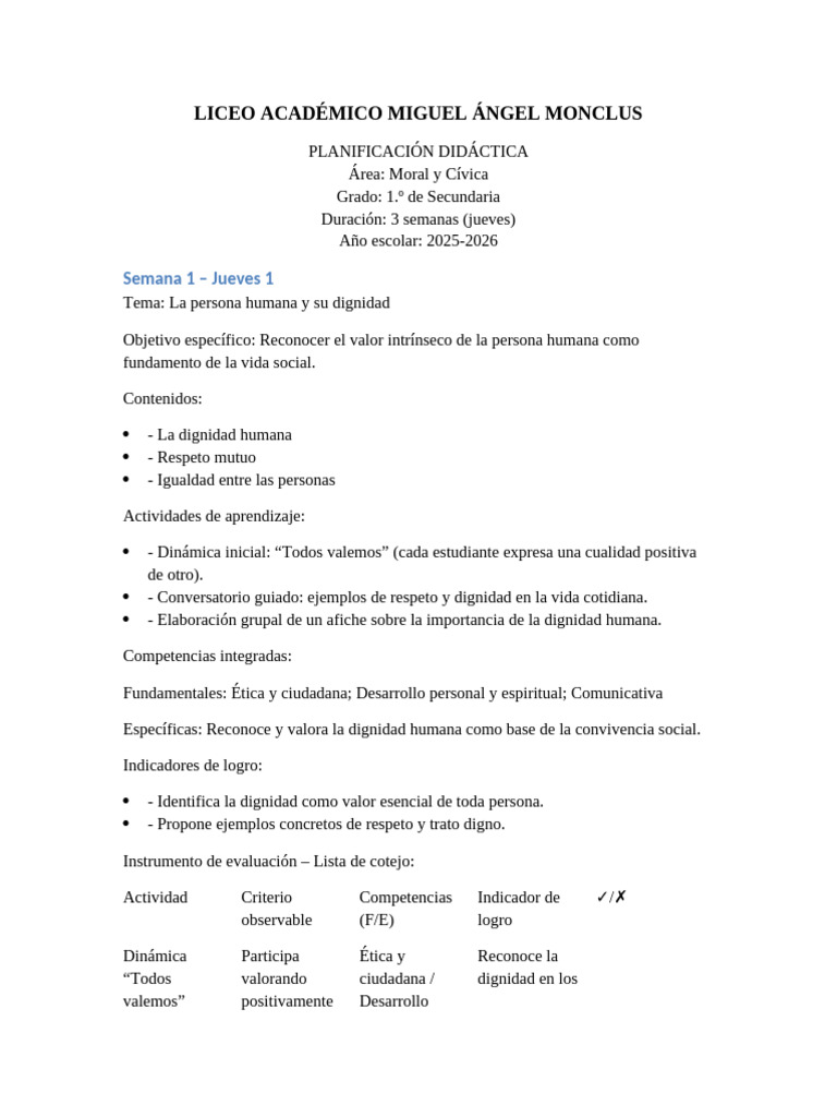 Planificación Moral Civica 1ro Secundaria | PDF | Dignidad | Evaluación
