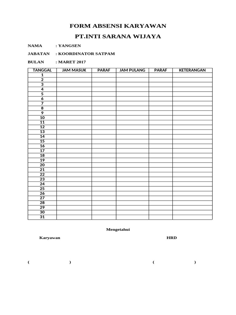 Form Absensi Karyawan PT Inti Sarana | PDF