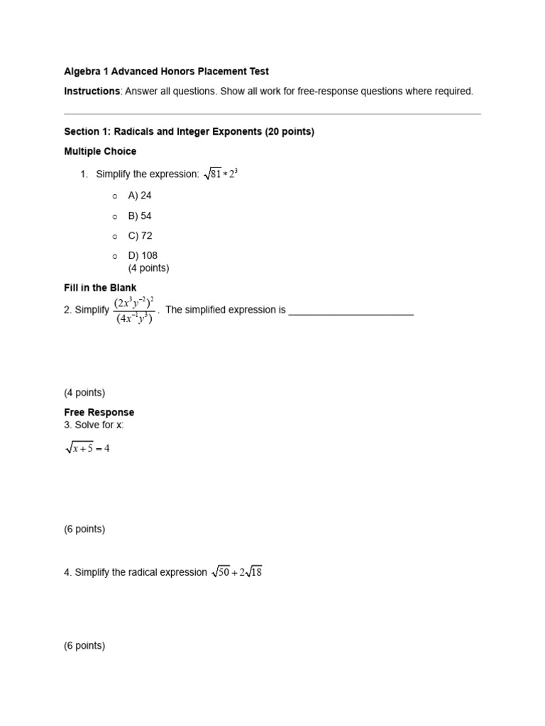 Algebra1AdvancedHonorsPlacementTestwithAnswerKeyPrepforHighLevelM-1 ...