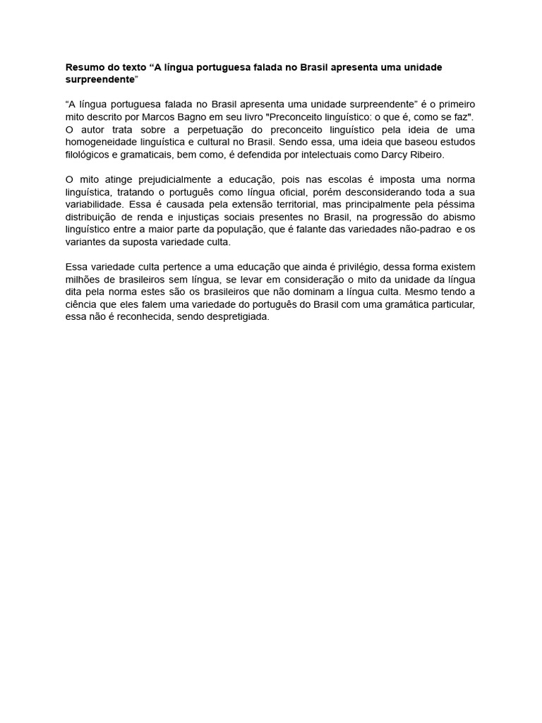 Resumo Do Texto “a Língua Portuguesa Falada No Brasil Apresenta Uma Unidade Surpreendente” | PDF