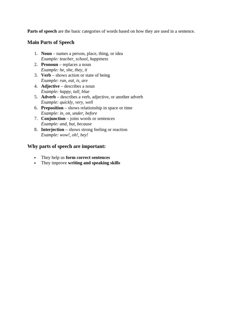 Parts of Speech Are the Basic Categories of Words Based on How They Are ...