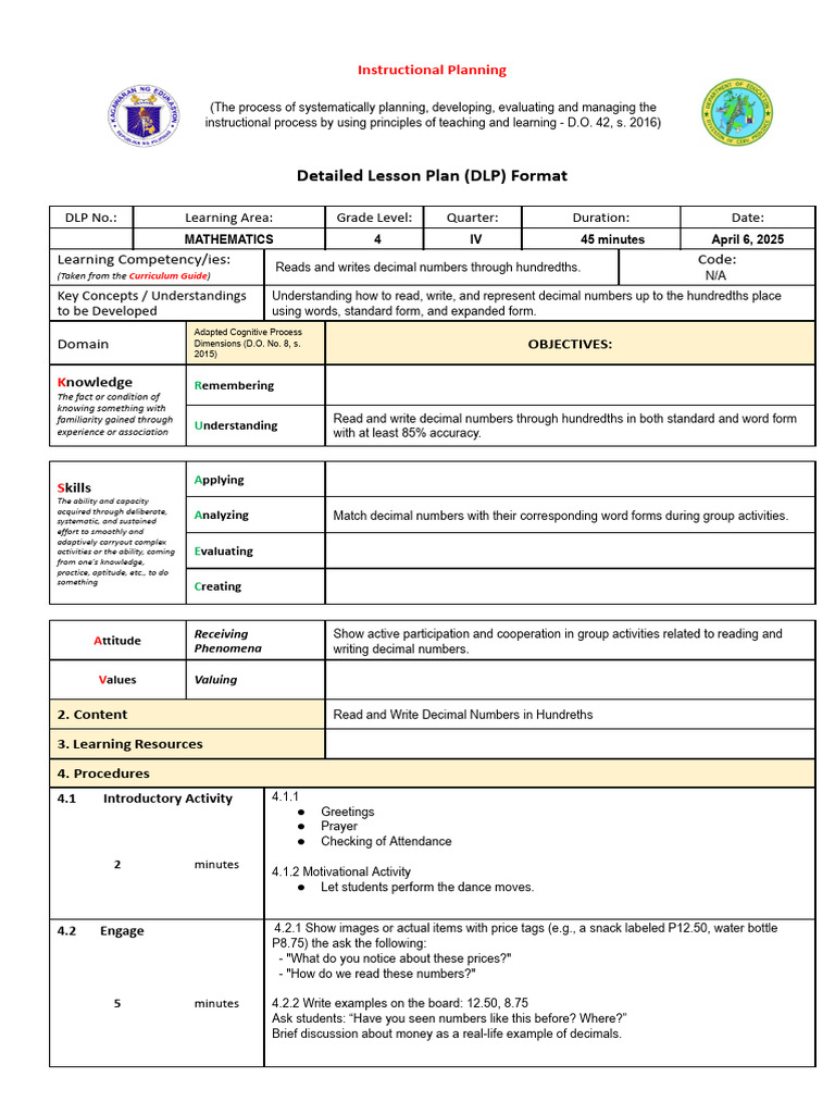Math Detailed Lesson Plan | PDF | Learning | Knowledge