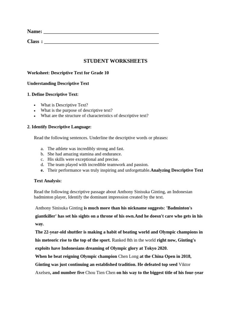 Grade 10 Descriptive Text Worksheets | PDF