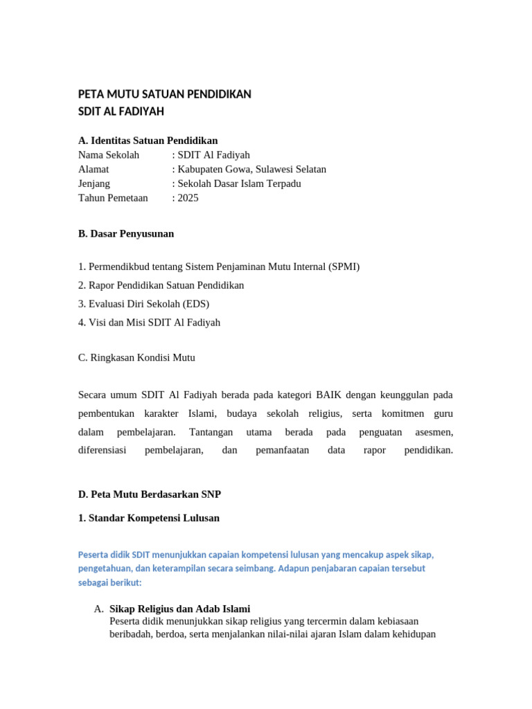 Peta Mutu SDIT Al Fadiyah 2025 | PDF