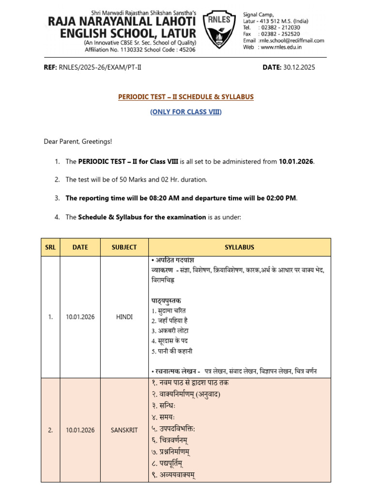 Class VIII Periodic Test II Schedule | PDF