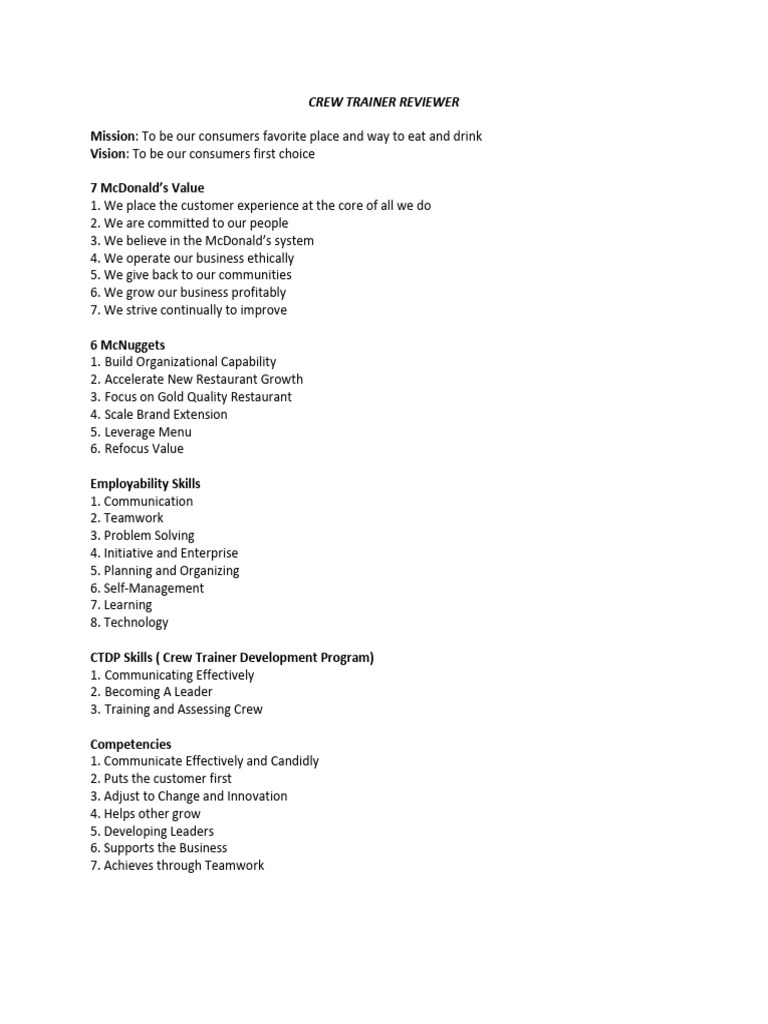 McDonald's Crew Trainer Guide and Skills | PDF | Communication | Foods