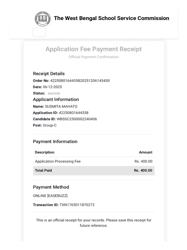 WBSSC _ Fees Payment Receipt | PDF