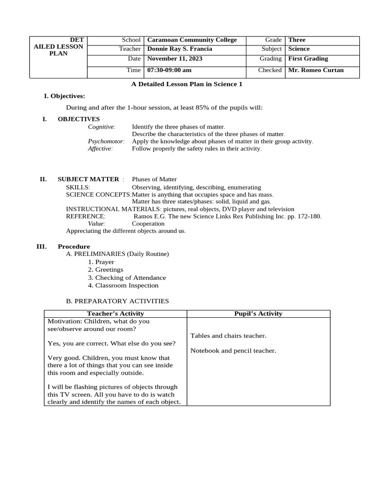 Grade 3 Science Lesson Plan: Phases of Matter | PDF | Matter | Liquids
