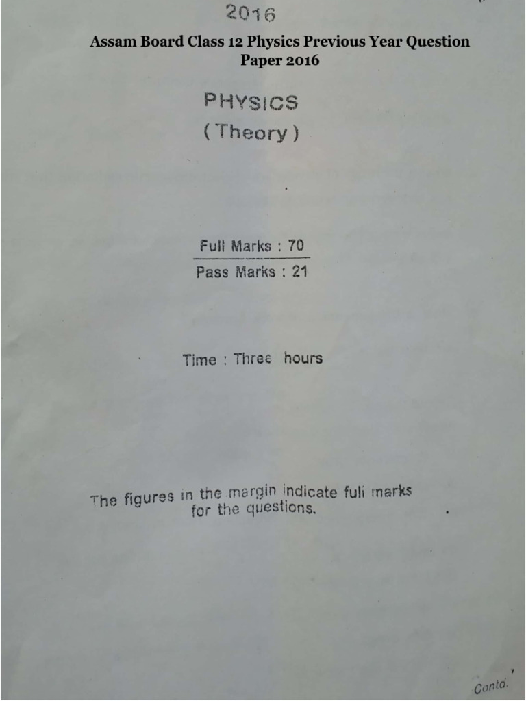 Assam Board Class 12 Physics Previous Year Question Paper 2016 | PDF