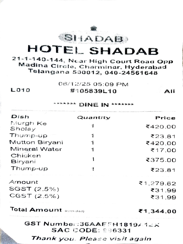 Hotel Shadab Menu and Invoice Details | PDF