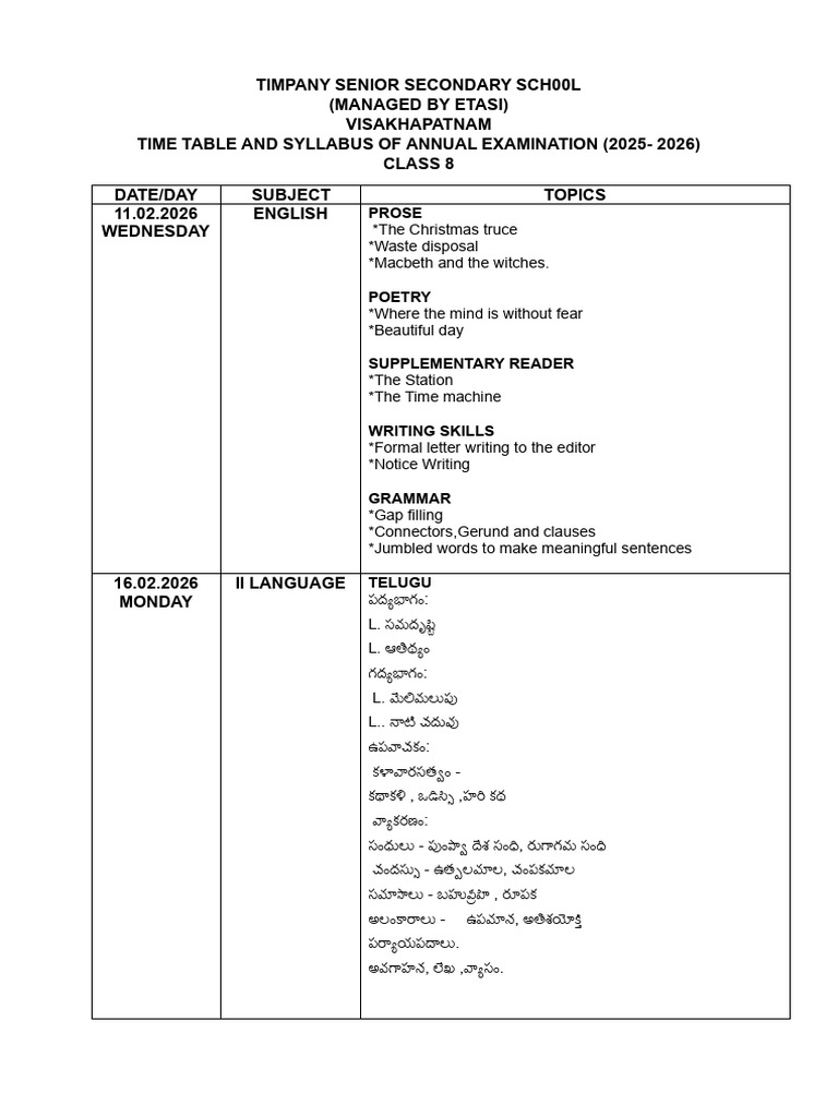 Time Table and Syllabus of Annual Examination 2025-2026 | PDF
