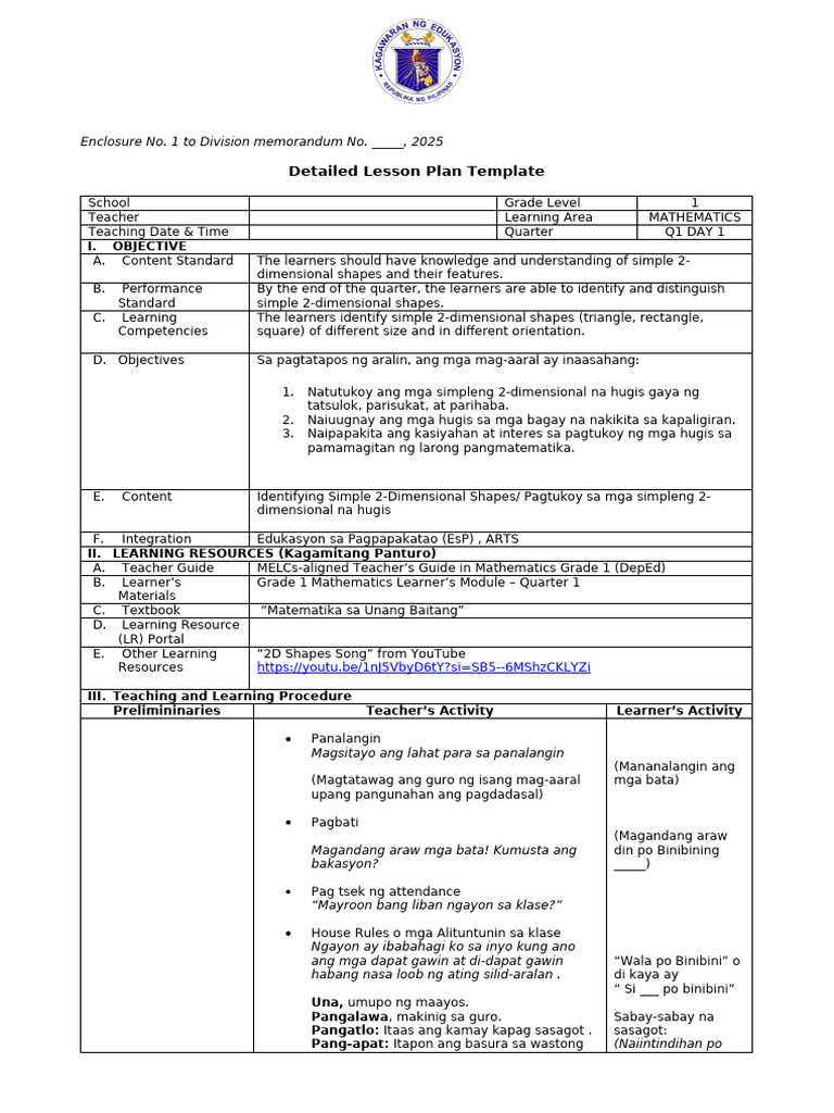 Matatag DLP Grade 1 Mathematics Day 1 | PDF
