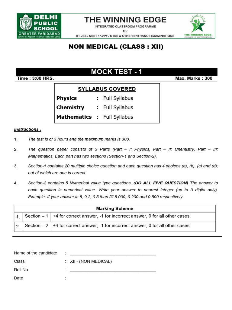 JEE Main 2026 Mock Test 1 - DPS Faridabad | PDF | Electronvolt | Gases