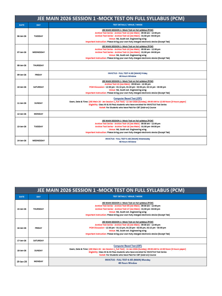 Jee Main 2026 Session 1- Mock Test on Full Syllabus (Pcm) | PDF ...