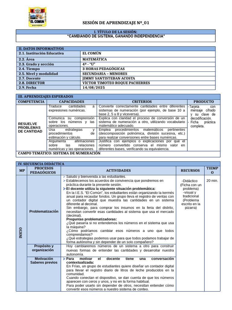S.A 1 - MAT 4° | PDF | Maestros | Aprendizaje