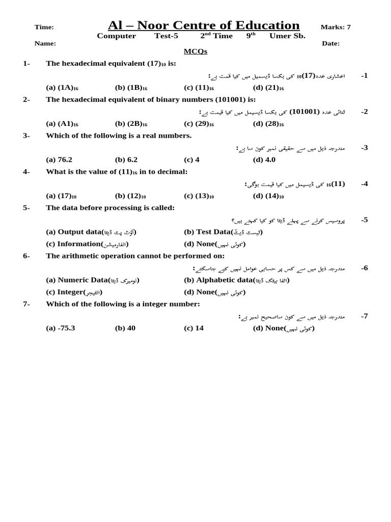 Computer 9th Test-5 (Boys) | PDF