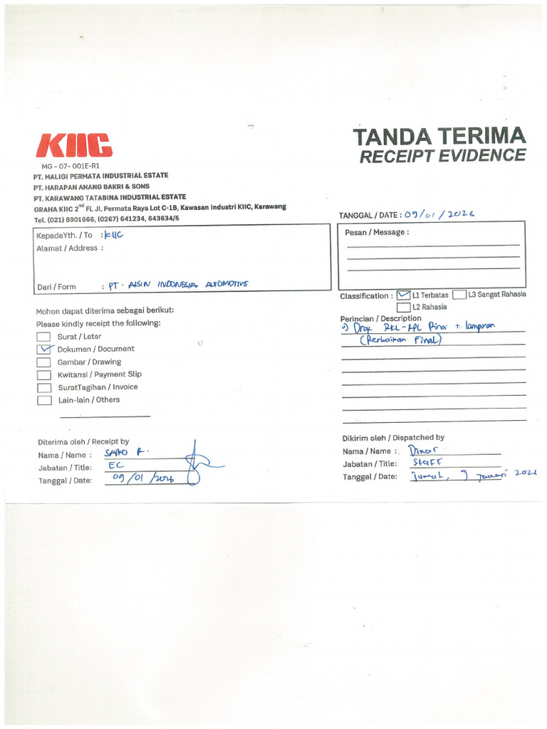 Tanda Terima KIIC_ PT Aisin Indonesia Automotive | PDF