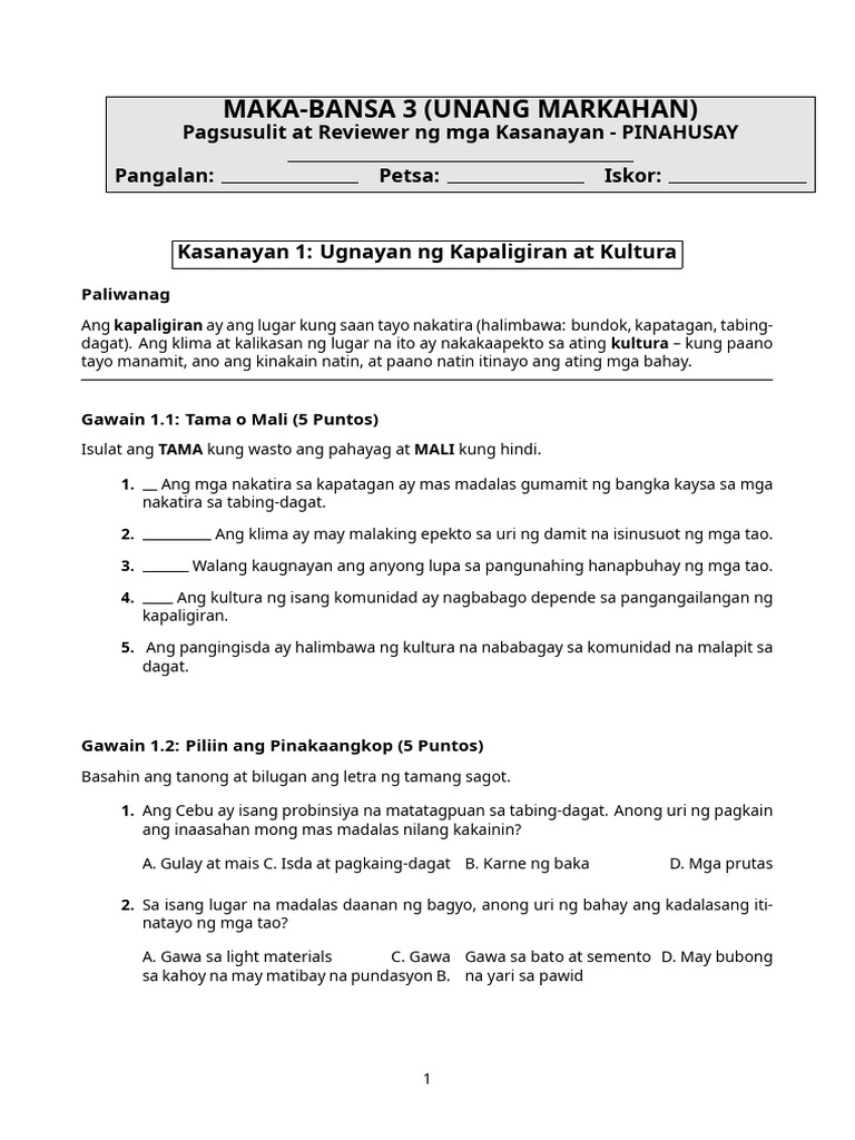 Grade 3 Makabansa Reviewer 1st Quarter - Enhanced | PDF