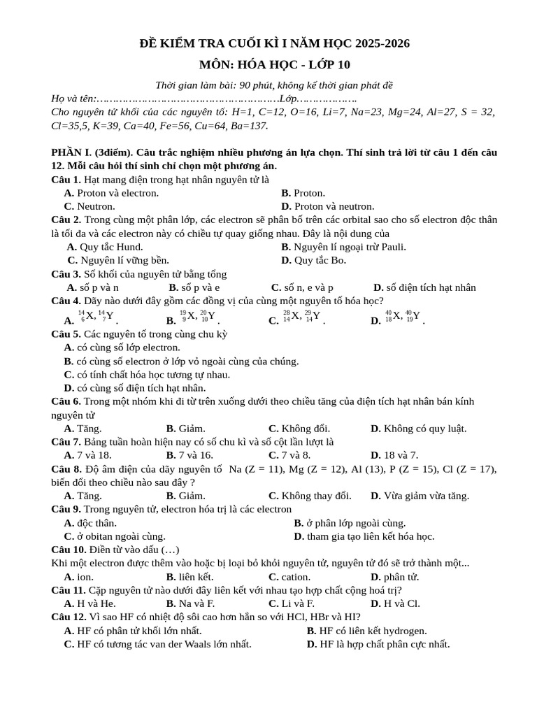 77.Hóa 10- Đề thi chính-KTHK 1 2025-2026 Nguyễn Thị An - Hà Nội | PDF