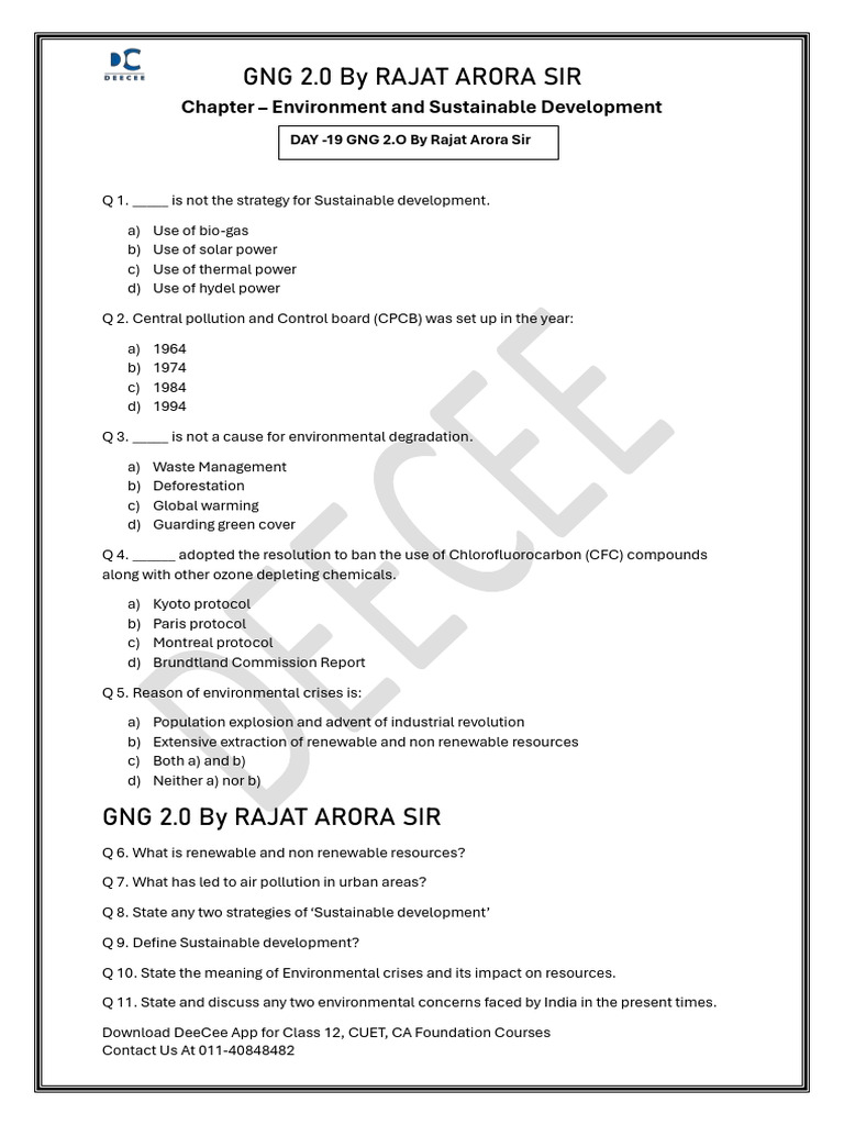 Environment and Sustainable Development Quiz | PDF | Atmosphere Of ...