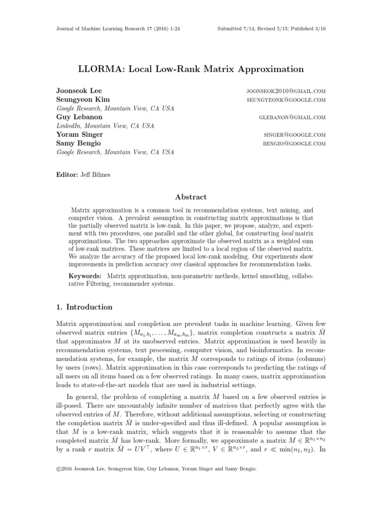 LLORMA Local Low-Rank Matrix Approximation | PDF | Matrix (Mathematics ...