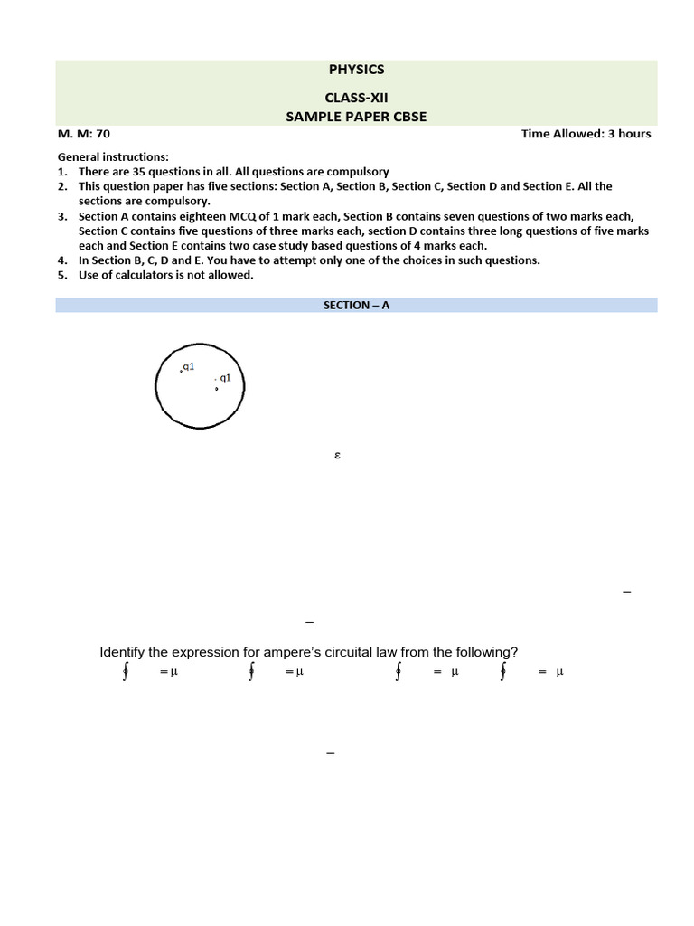 CBSE Class 12 Physics Sample Paper | PDF | Electric Current | Magnetic ...