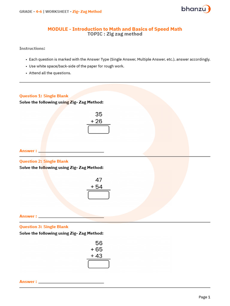 Zig-Zag Method Worksheet for Grades 4-6 | PDF