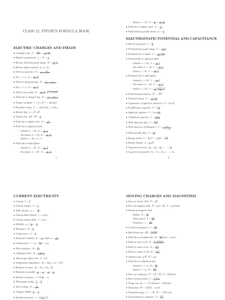 Class 12 Physics Formula Book | PDF | Electromagnetic Field | Inductance