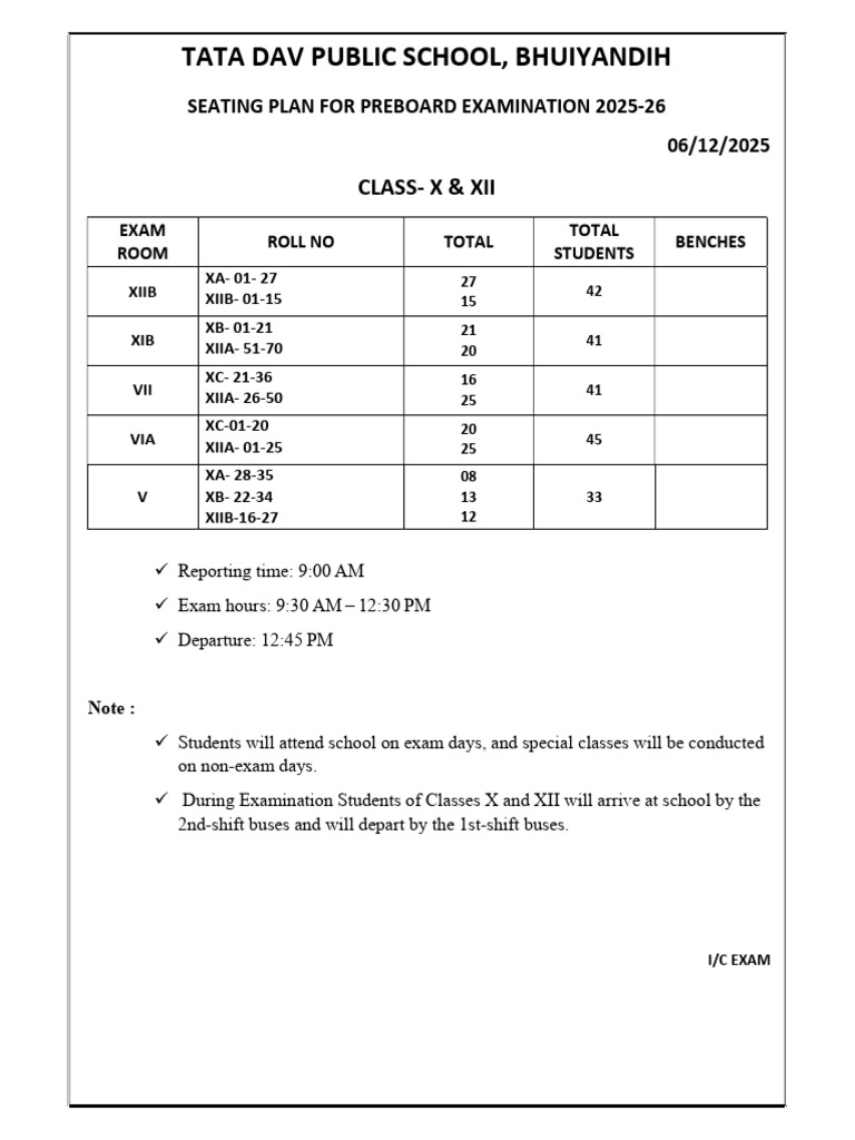 Seating Plan Preboard 2025-26 | PDF