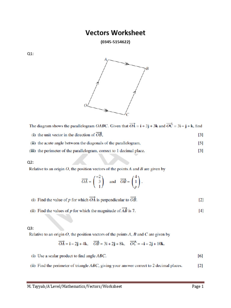 A-Level Vectors Worksheet and Answers | PDF
