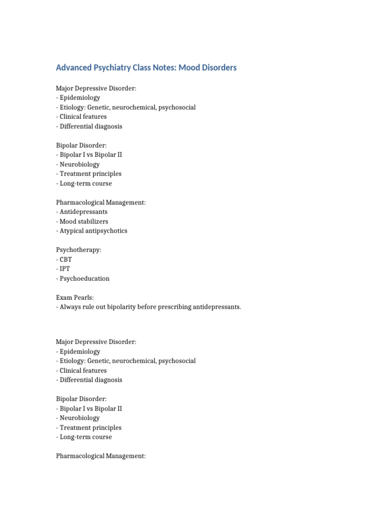 Class Notes Mood Disorders | PDF | Bipolar Disorder | Mood Disorders