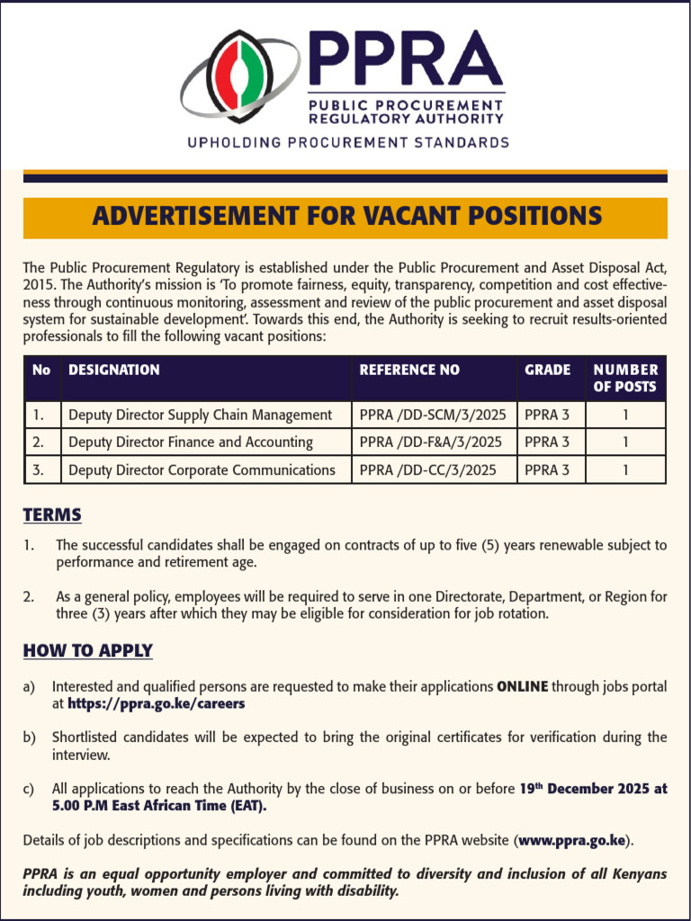 Public Procurement Regulatory Authority Vacant Positions Announcement | PDF