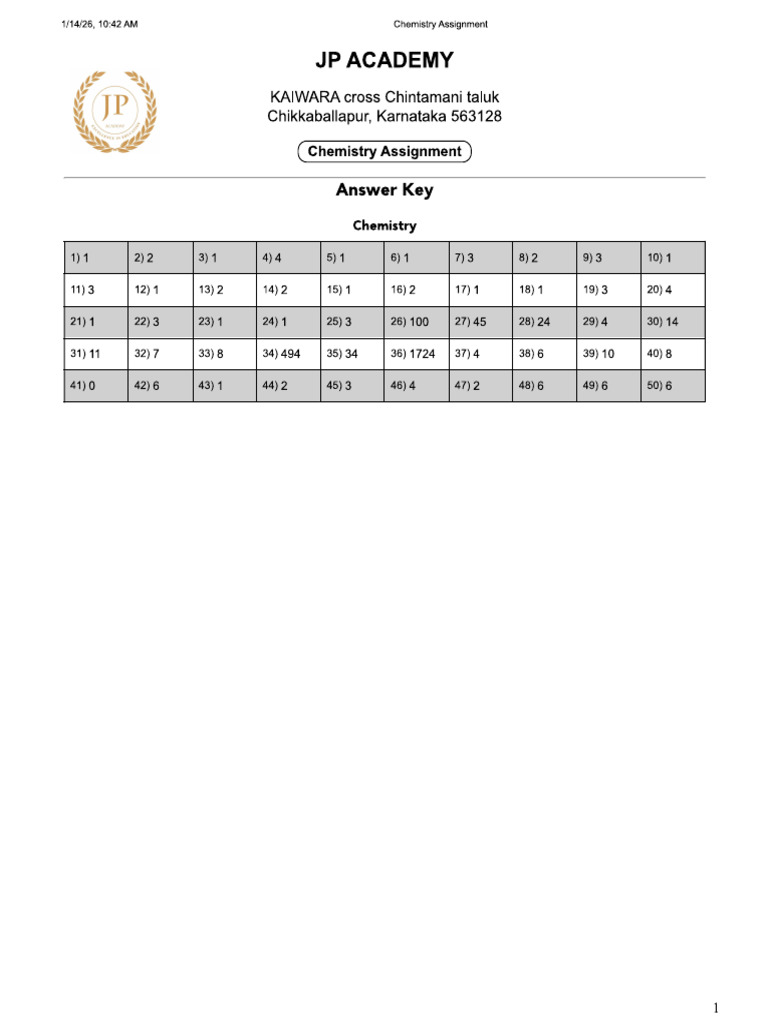 Chemistry Assignment-2 Key Ans Solutions | PDF