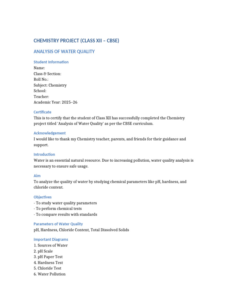 Water Quality Analysis Project CBSE | PDF