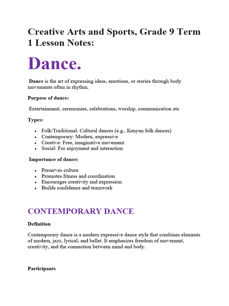 Creative Arts and Sports Grade 9 Notes Dance | PDF | Dances ...