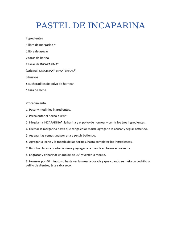 Pastel de Incaparina | PDF | Panes | Pasteles