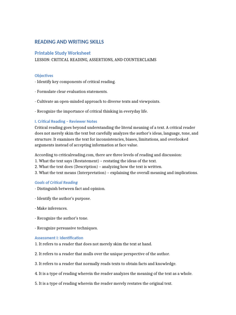 Critical Reading and Writing Skills Guide | PDF | Critical Thinking ...