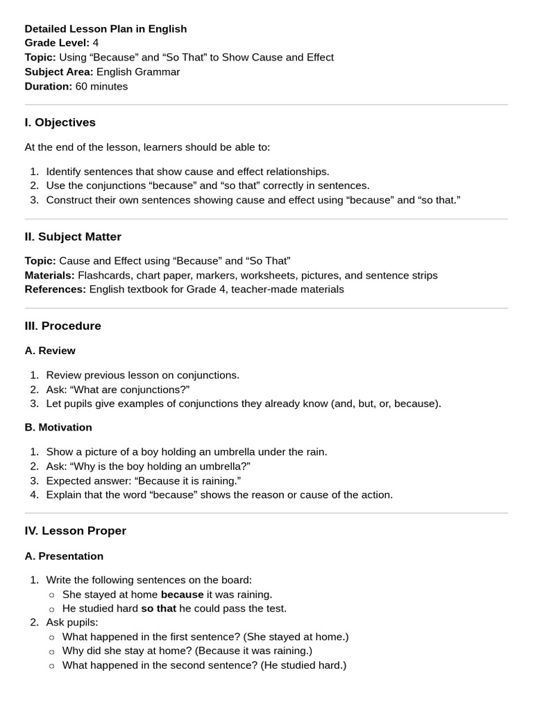 Cause and Effect Lesson Plan for Grade 4 | PDF | Lesson Plan | Causality