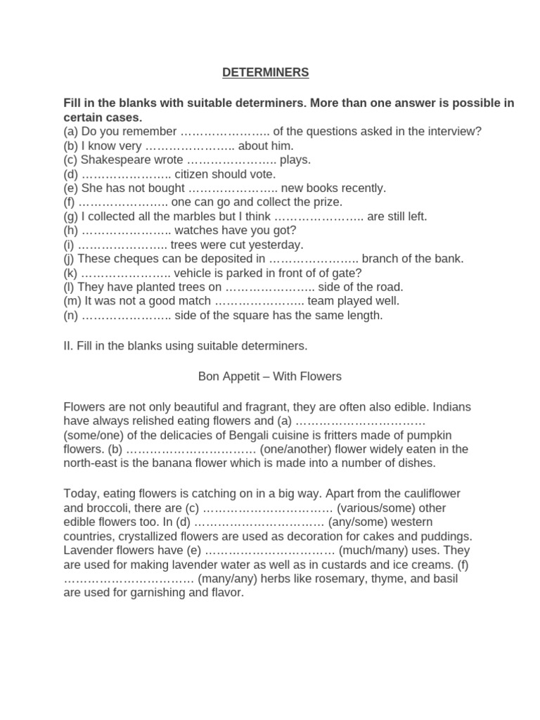Determiners Practice Exercises | PDF