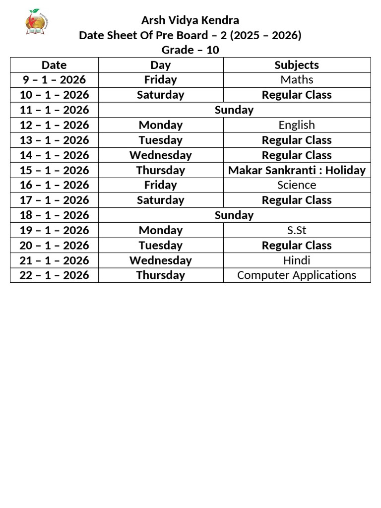 Grade - 10 Pre Board - II Date Sheet-2 | PDF