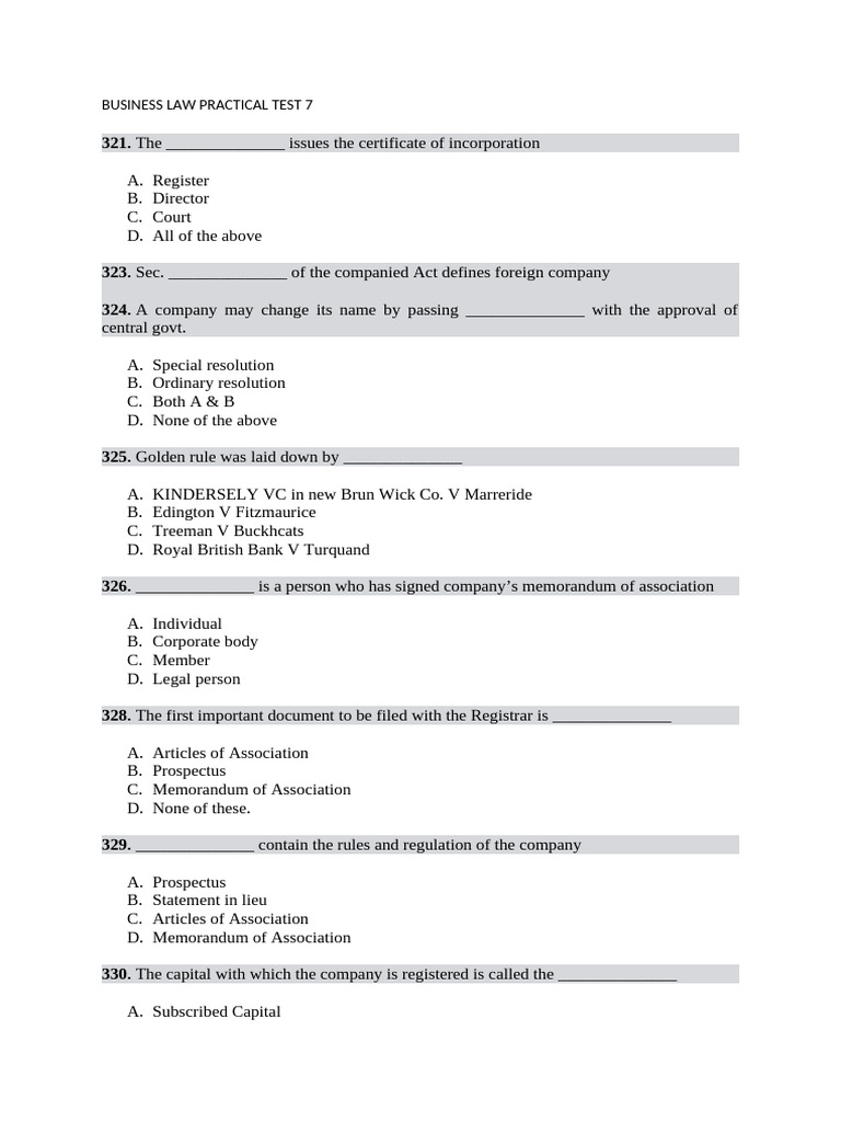 BUSINESS LAW PRACTICAL TEST 7-1 | PDF | Articles Of Association | Civil ...