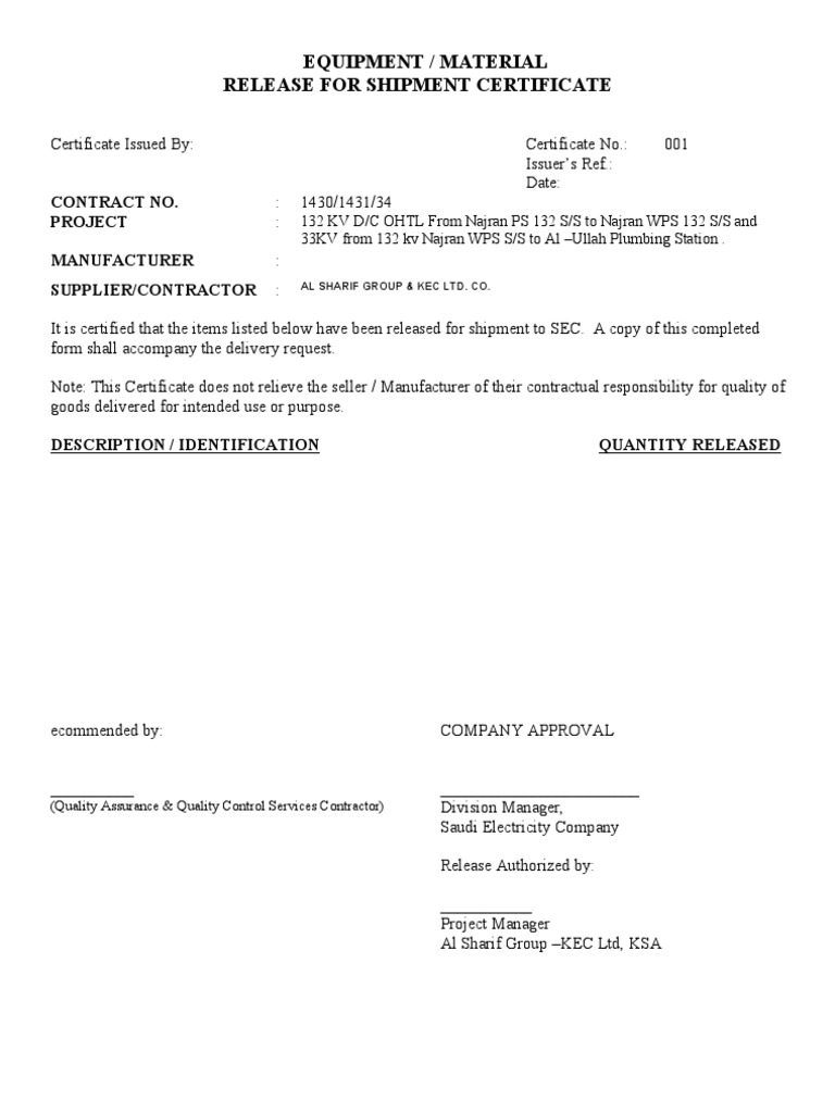 Shipment Release Certificate for SEC | PDF