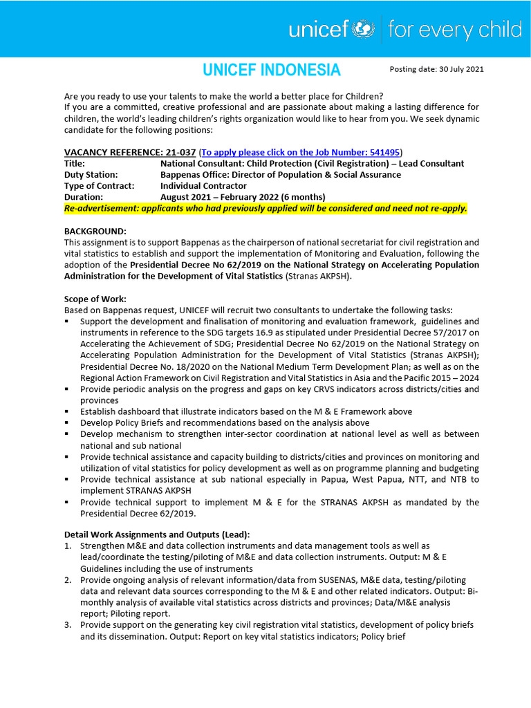 VR-21-037 Readvertisement National Contractor Child Protection CRVS Lead | PDF | Background Check