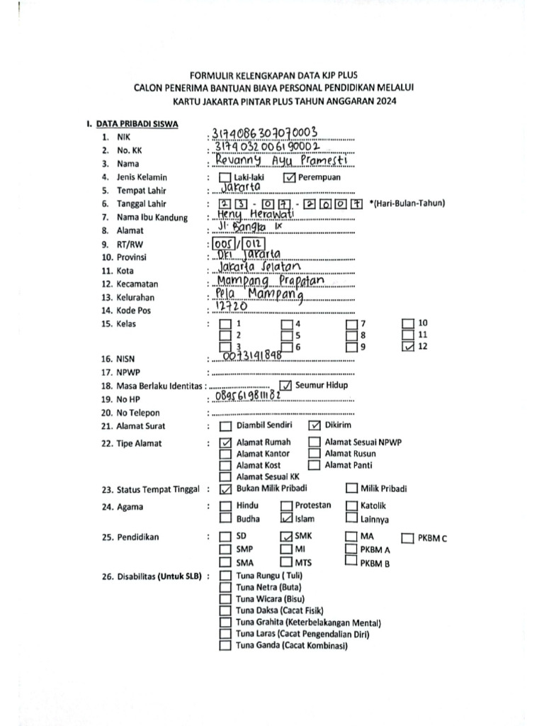 Formulir Kelengkapan Data Kjp Plus | PDF